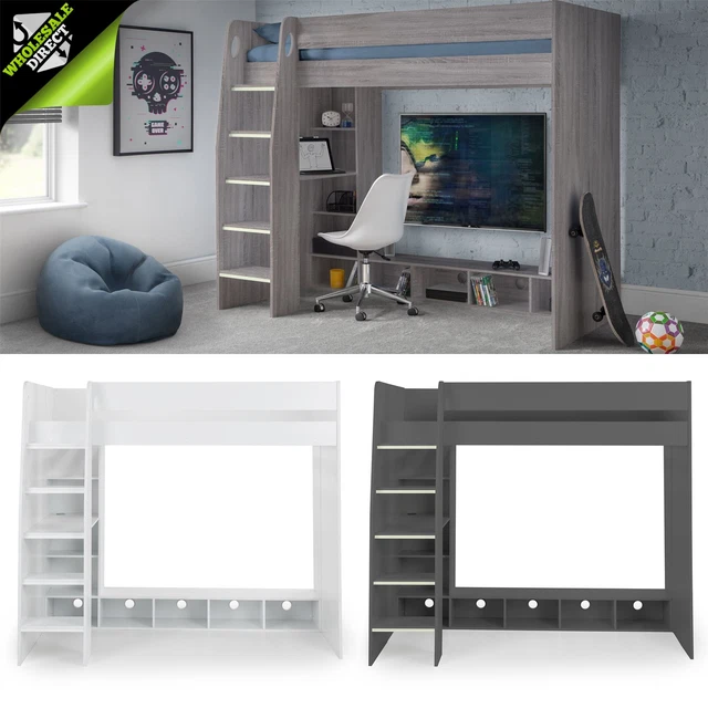 90CM NEBULA 3FT Single High Loft Bed Frame Gaming Bed W/ Desk For Teens ...
