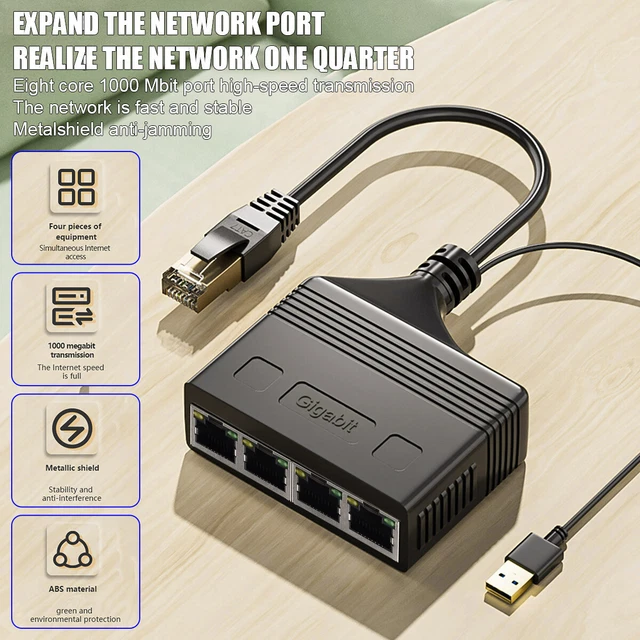 1 IN 4 Out 1000Mbps Ethernet Splitter Adapter RJ45 Cable LAN Network ...