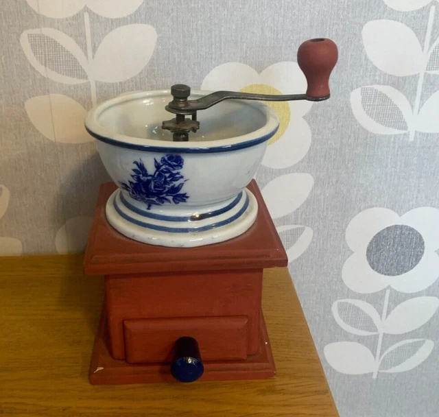 COFFEE GRINDER BLUE & White Floral Delft Ceramic & Wood Vintage Hand ...