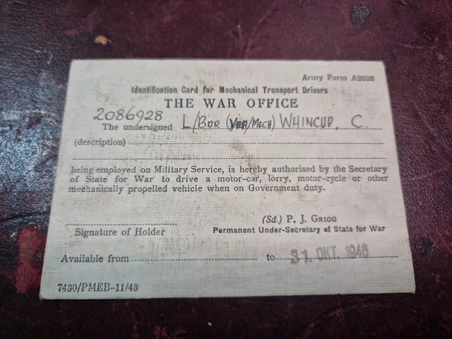 WW2 ARMY FORM A2038 ID card For Transport Drivers £5.00 - PicClick UK