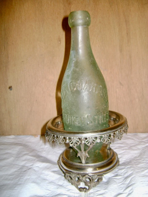 VINTAGE ANTIQUE GLASS C H Richards Hamilton Bottle in Old Table Holder ...