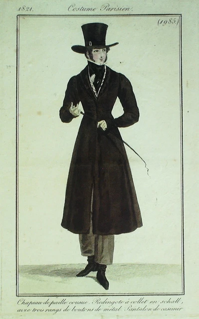 GRAVURE DE MODE Costume Parisien 1821 n°1985 Redingote à collet Homme ...