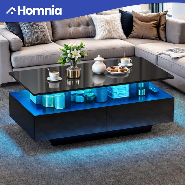 MODERN RGB LED Coffee Table Black Gloss with 4 Sliding Drawer ...