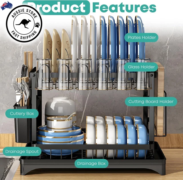 2-TIER DISH DRYING Rack with 360° Rotating Drainer Board, Adjustable ...