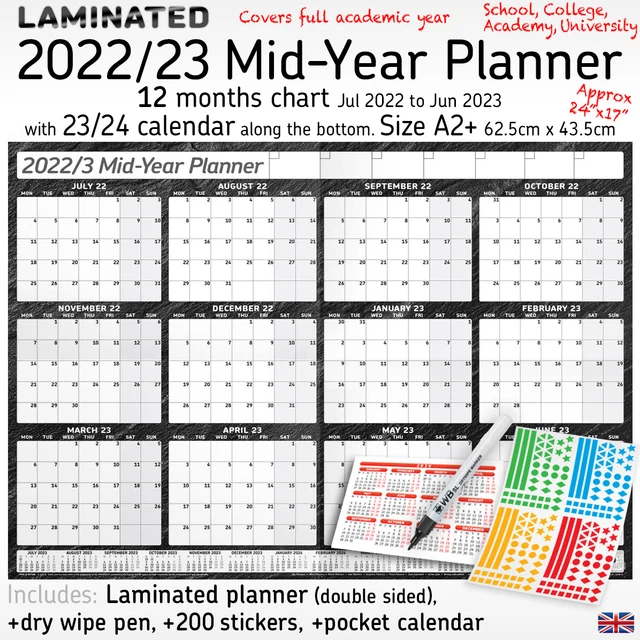 2022/2023 ACADEMIC CALENDAR LAMINATED Mid-Year Wall Planner 12 Months ...
