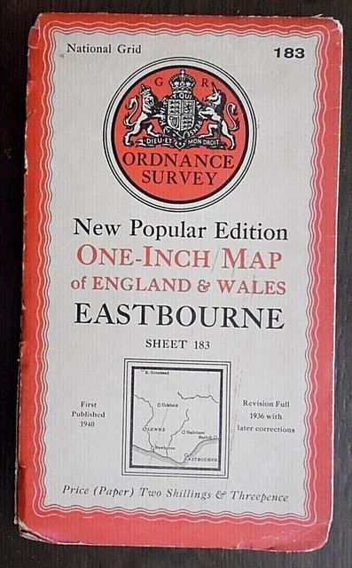 VINTAGE, ORDNANCE SURVEY, 1 Inch Map of England & Wales, Eastbourne ...