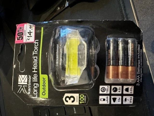 KARRIMOR LONG LIFE head torch 3 mode 100 lumens + batteries BNWT rrp £ ...