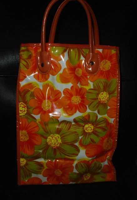 VINTAGE RETRO 1960'S-70'S Small Vinyl Tote Bag Orange & Green Flowers ...