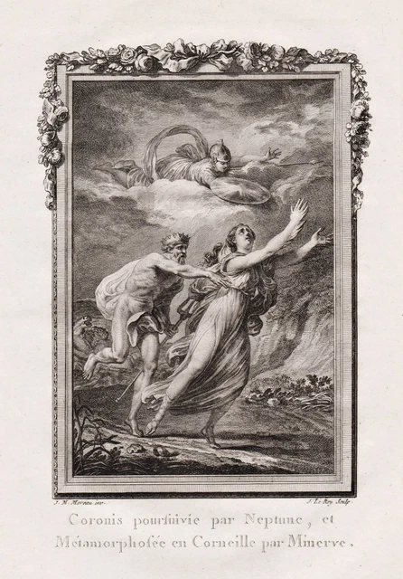 CORONIS POSEIDON MINERVA Mitologia Mythology Ovid Rotocalco Incisione ...