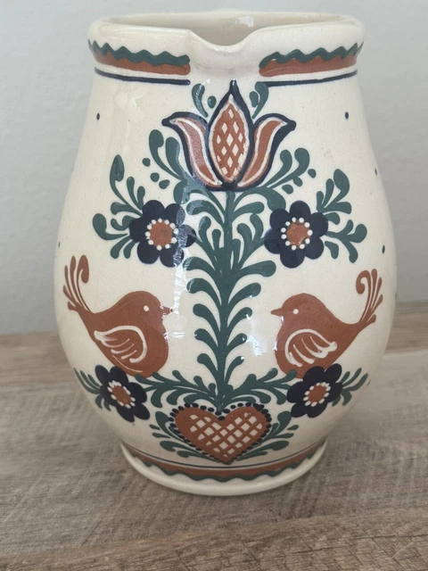 VINTAGE GERMAN PITCHER Birds Heart Flowers Pottery Stoneware Vase Cream ...