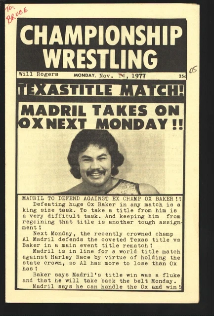 CHAMPIONSHIP WRESTLING PROGRAM 9/26/1977-Will Rogers Auditorium Ft ...
