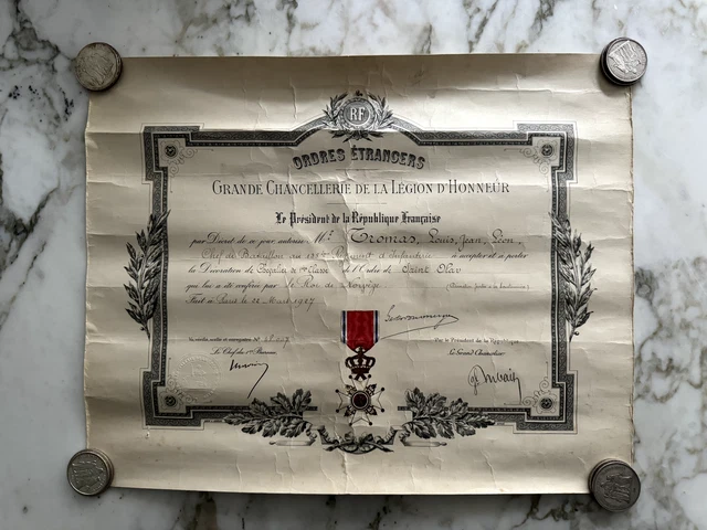 NORVÈGE DIPLOME DE Chevalier 1° Classe De L'ordre De Saint Olav 1927 ...