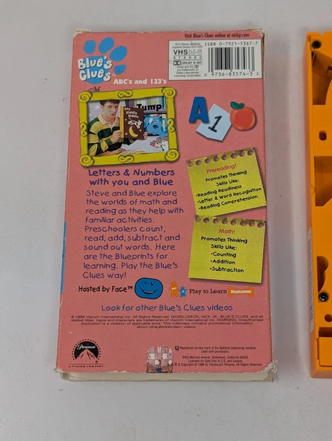 NICK JR BLUE’S Clues ABC’s 123’s VHS Video Orange Tape Nickelodeon Kids ...