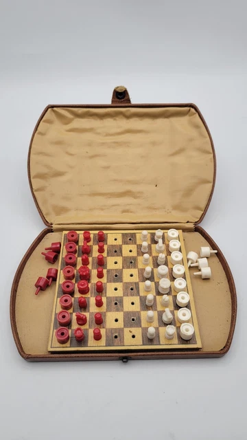 VINTAGE MINI CHECKERS & Chess Set Leather Box Plastic Pieces Travel ...