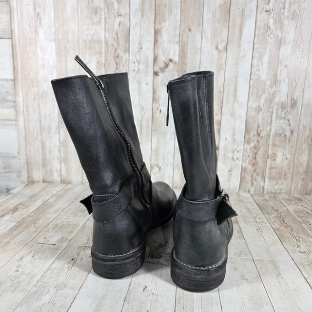 MENS BLACK LEATHER Motorcycle Boots Buckle Strap Side Zip Rugged Size ...