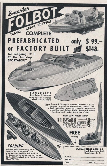 MAGAZINE AD - 1956 - FOLBOT Folding Boat - Folbot Corp. Charleston, SC ...