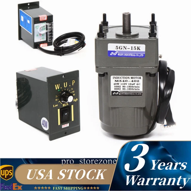 AC GEAR MOTOR Electric Motor Variable Speed Controller 1:15 90 RPM 110V ...