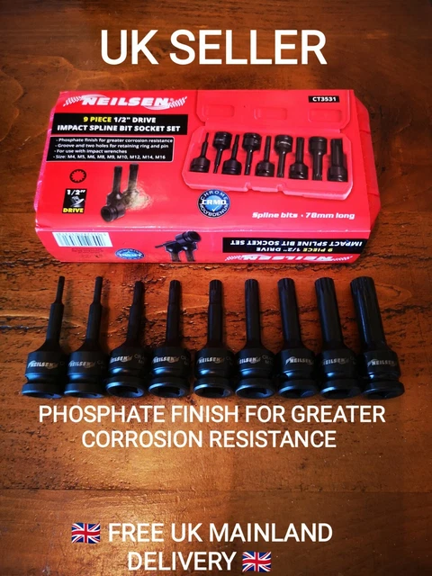 VW AUDI SPLINE Socket Set Impact 9pc 1/2" Drive Cr-v M4 - M16 Deep 75mm ...