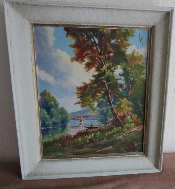 TABLEAU ANCIEN, HUILE Sur Toile, Paysage, Arbres, Riviere Avec Pecheur, Signe EUR 50,00 ...
