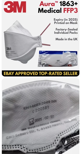 3M AURA 1863+ FFP3 Respirator N99 Medical Face Mask IIR Unvalved ...