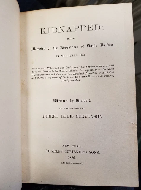 ROBERT LOUIS STEVENSON Kidnapped 1st American Ed Charles Scribner's ...