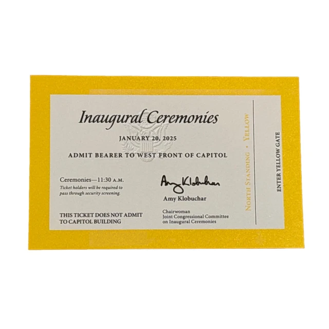 2025 PRESIDENT DONALD Trump Inauguration Yellow Ticket JD Vance ...