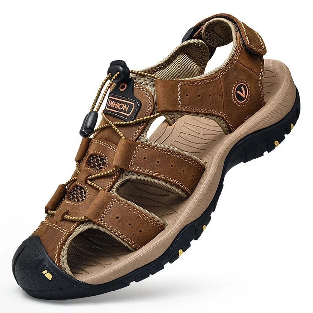 MEN SUMMER SANDALS Outdoor Walking Hiking Beach Close Toe Leather Shoes ...