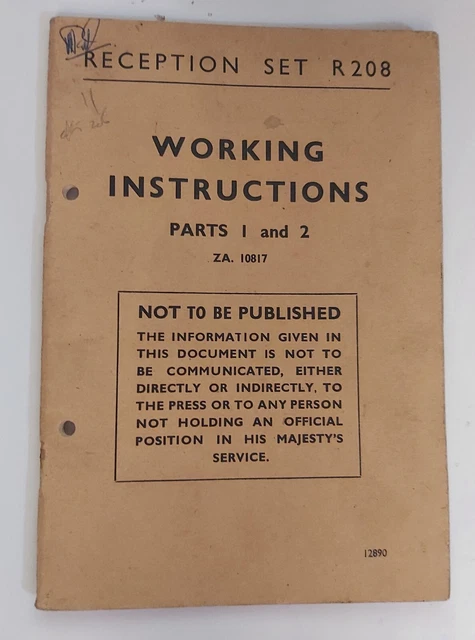 WW2 ARMY MILITARY Radio Working Instructions Manual Reception Set R208 ...