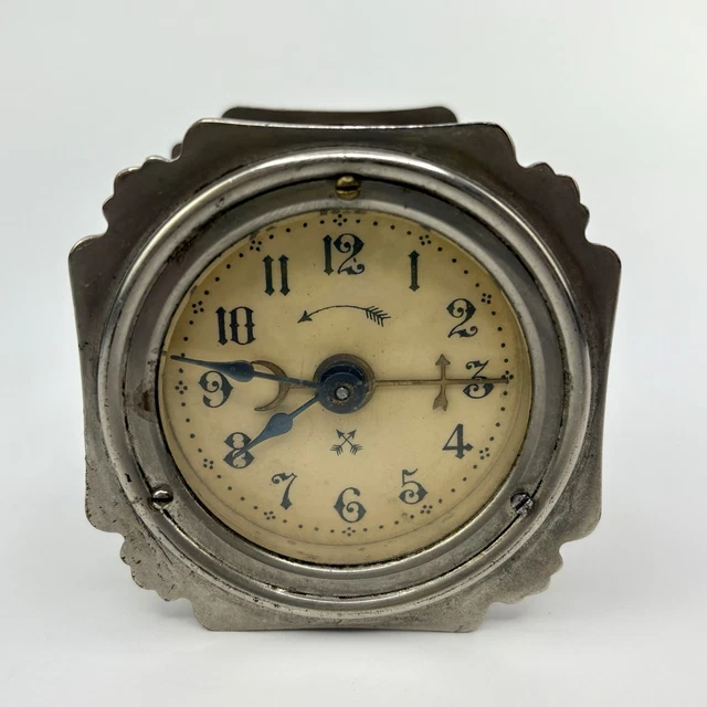 RARE ANTIQUE HAMBURG Railway Travel Metal Body Moon Alarm Clock German ...