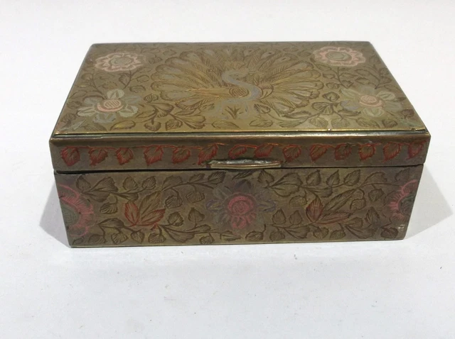 VINTAGE INDIAN BRASS cigarette / trinket box with peacock design £7.15 ...