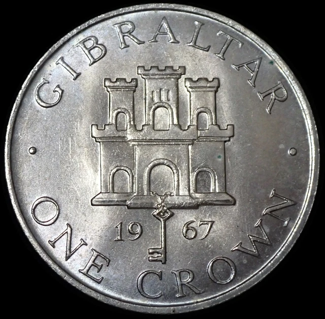 GIBRALTAR ONE CROWN 1967 Elizabeth II Arms of Gibraltar UNC Coin WCA ...