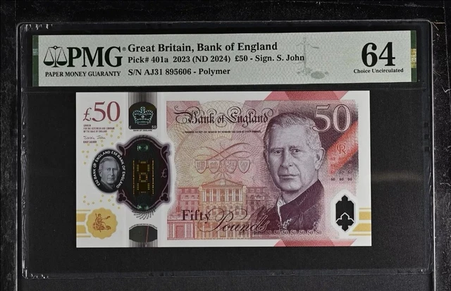 GRADED BANKNOTE PMG 64 Bank Of England £50 2023 King Charles AJ31895606 ...