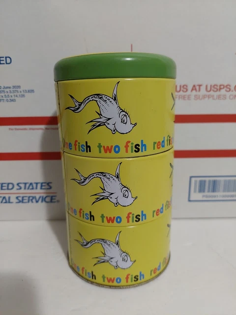 DR SEUSS ONE Fish Two Fish Red Fish Blue 3 Stacking Metal Tin Storage ...