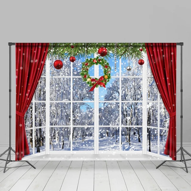 SNOWY WORLD WITH Christmas Wreath Curtain Backdrop $37.84 - PicClick AU