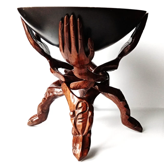 AFRICAN INTERTWINED HANDS Unity Fruit Bowl Stand Solid Wood Collapsable ...