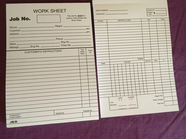 GARAGE JOB CARD Workshop Work Repair Sheet Repair Job Sheet Work Card £ ...