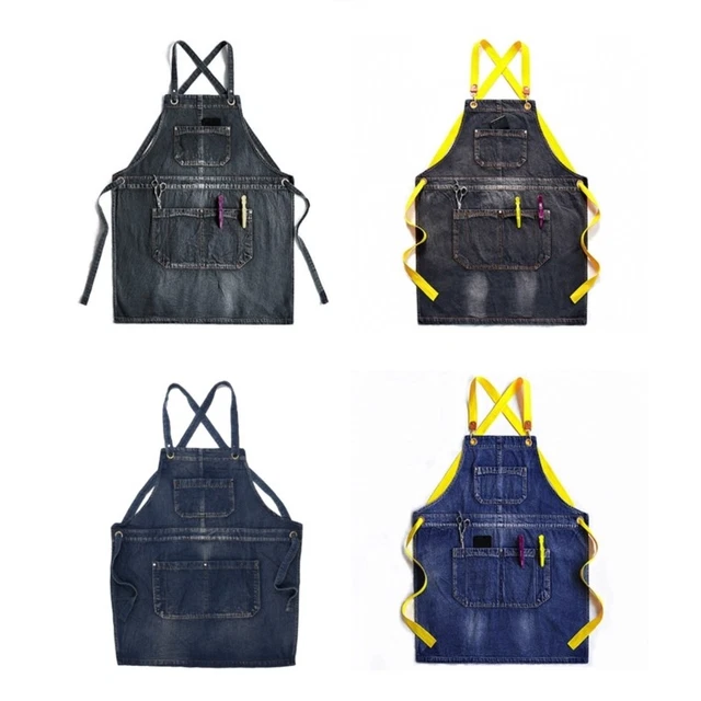 UNISEX JEAN BIB Apron for Cross Back Adjustable Washed Denim Hair ...