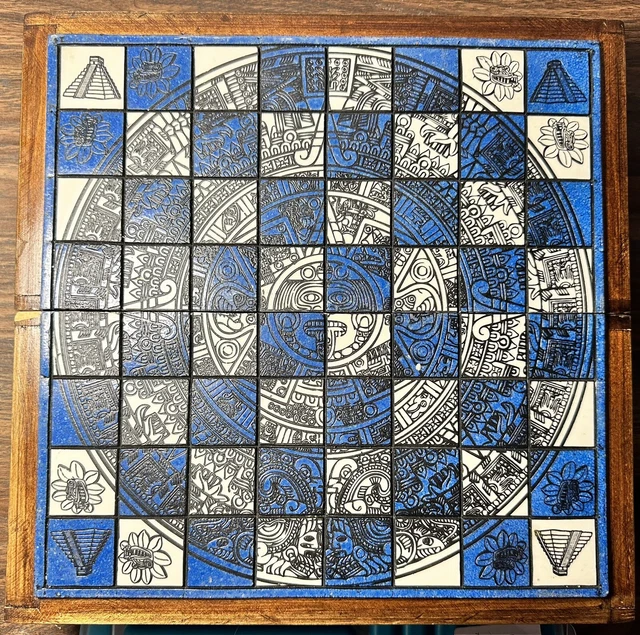 VINTAGE STONE MAYAN Aztec - Complete Chess Set - Folding Wooden Box ...