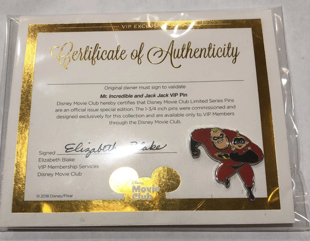 DISNEY MOVIE CLUB Exclusive Mr. Incredible and Jack Jack VIP Pin W/COA ...