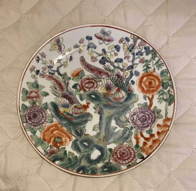 VIBRANT CHINESE PORCELAIN plate featuring a detailed phoenix and floral ...