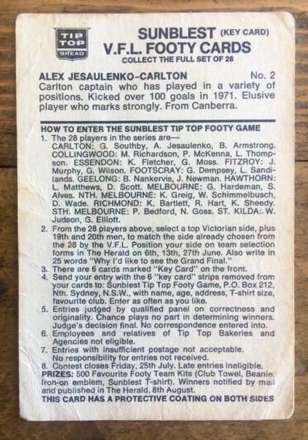 1975 VFL/AFL SUNBLEST Tip Top Bread Key Card No.2 Alex Jesaulenko ...