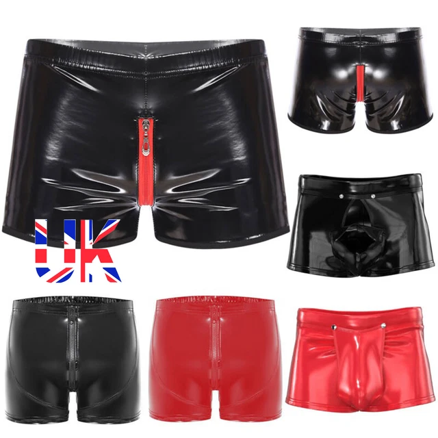 UK MEN SEXY Wet Look Latex PVC Leather Shorts Zipper Crotch Boxer Brief ...
