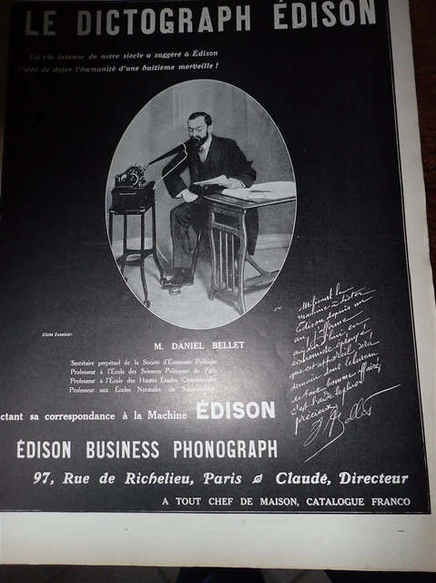 EDISON BUSINESS PHONOGRAPH dictograph. publicité papier ILLUSTRATION ...