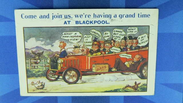 BLACKPOOL BAMFORTH COMIC Postcard 1920 Donkey Charabanc Tour Bus ...