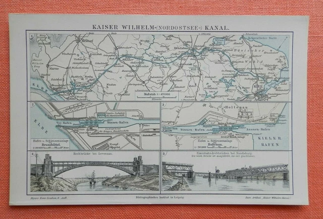 KAISER WILHELM KANAL Nord-Ostsee-Kanal Kieler Hafen historische Karte 1899 NOK EUR 8,75 ...