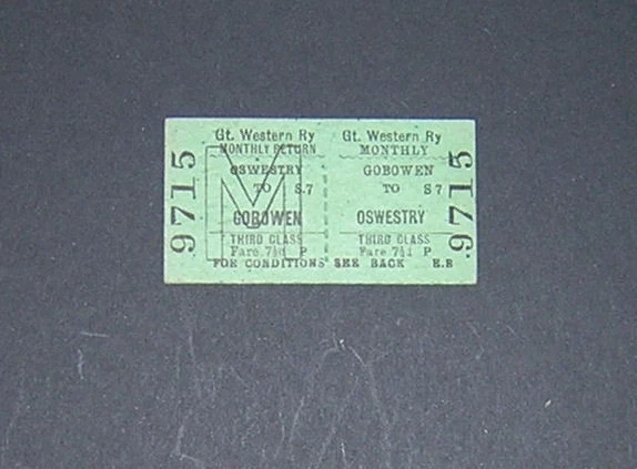 BR RAIL ticket (GWR) - Oswestry to Gobowen - 3rd return - undated £1.16 ...