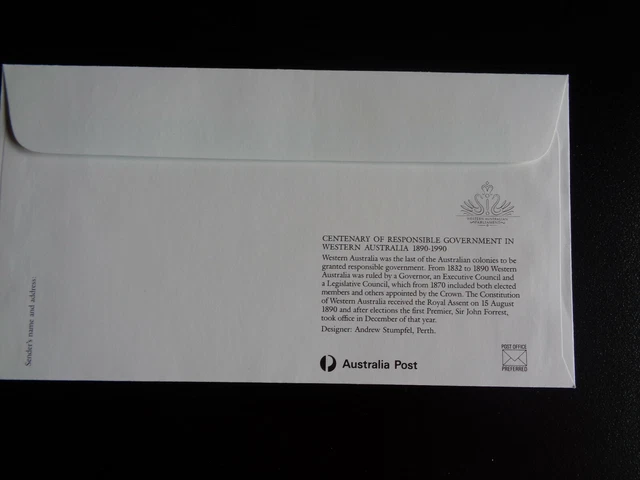 AUSTRALIAN PRESTAMPED ENVELOPE CENTENARY RESPONSIBLE GOVERNMENT 1990 # ...