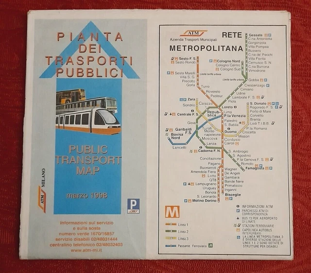 MILANO - MILAN ITALY / Mappa AUTOBUS 1998 - ATM / Map of PUBLIC ...