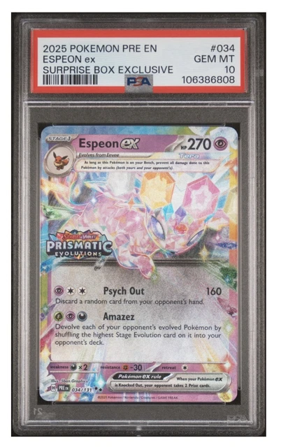 2025 POKEMON PRE En-Prismatic Evolutions Surprise Box Espeon Ex Psa 10 - Pop 1 £302.31 - PicClick UK