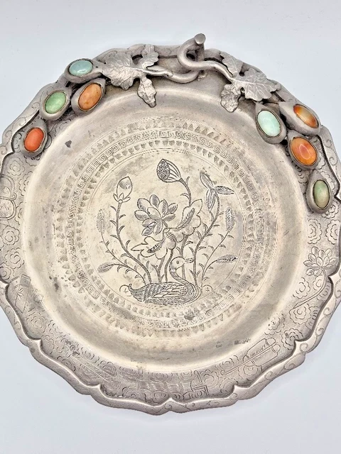 ANTIQUE CHINESE PEWTER Plate Jade Carnelian Lotus & Duck Prosperity Art ...